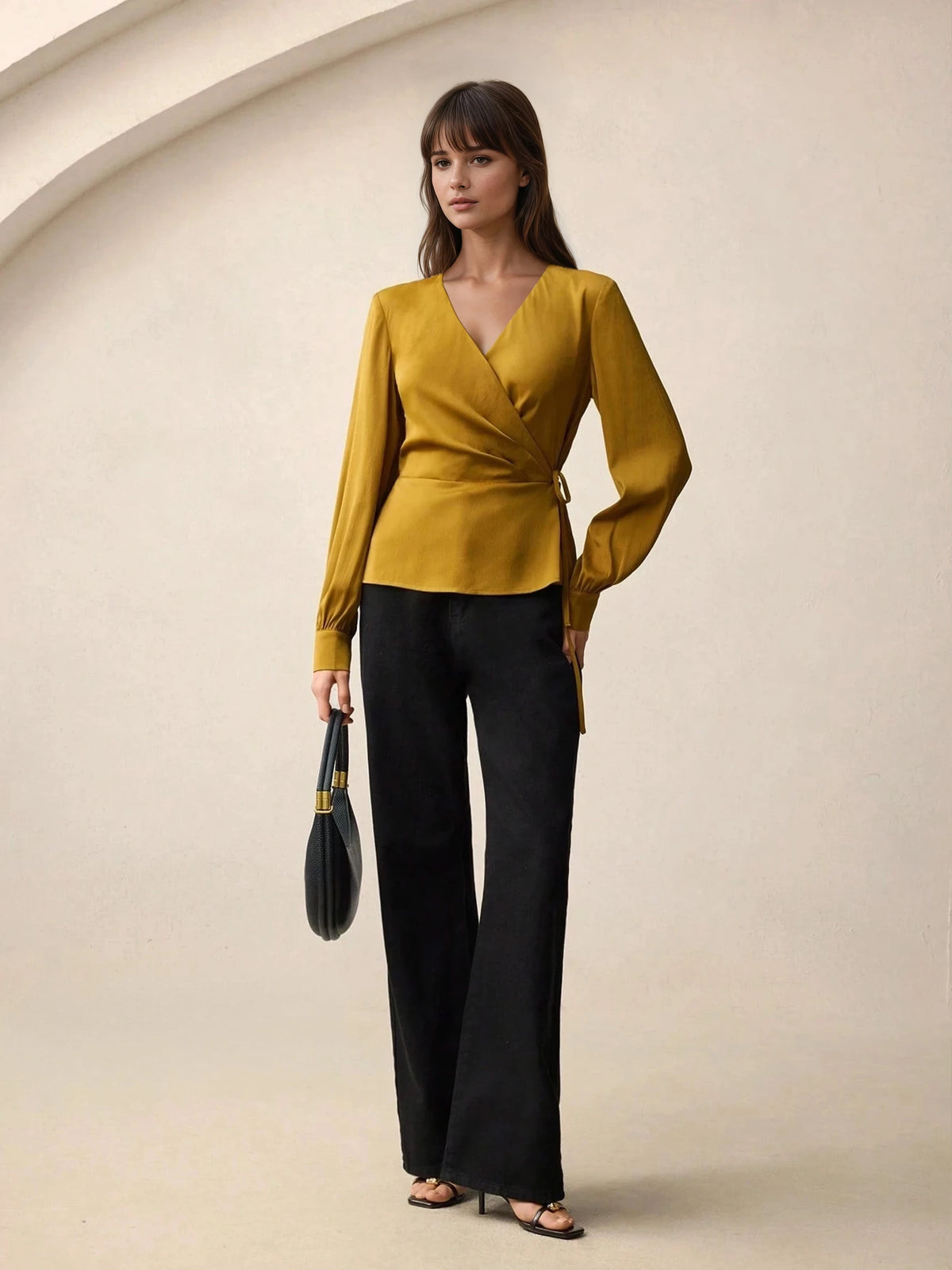 Satin Blouse With Tie Waist Peplum V Neck Long Sleeve | LA FEMME WANDERER