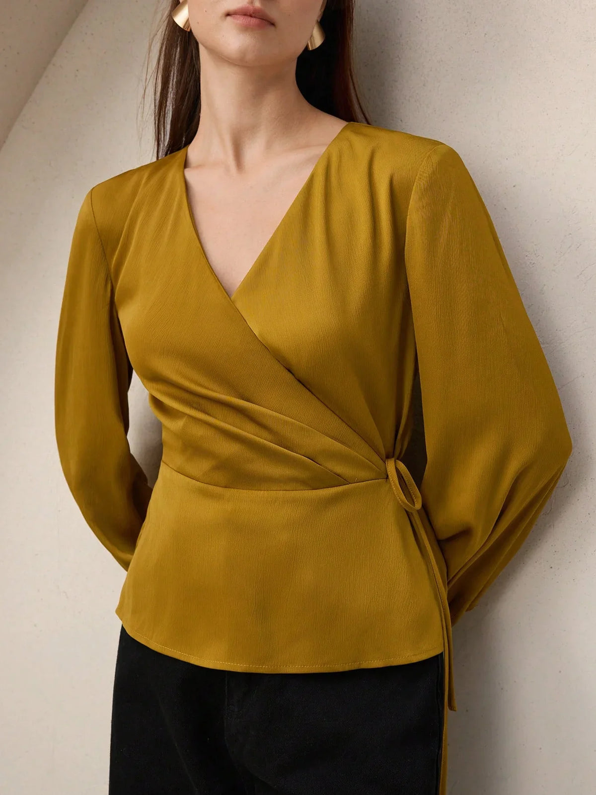 Satin Blouse With Tie Waist Peplum V Neck Long Sleeve | LA FEMME WANDERER