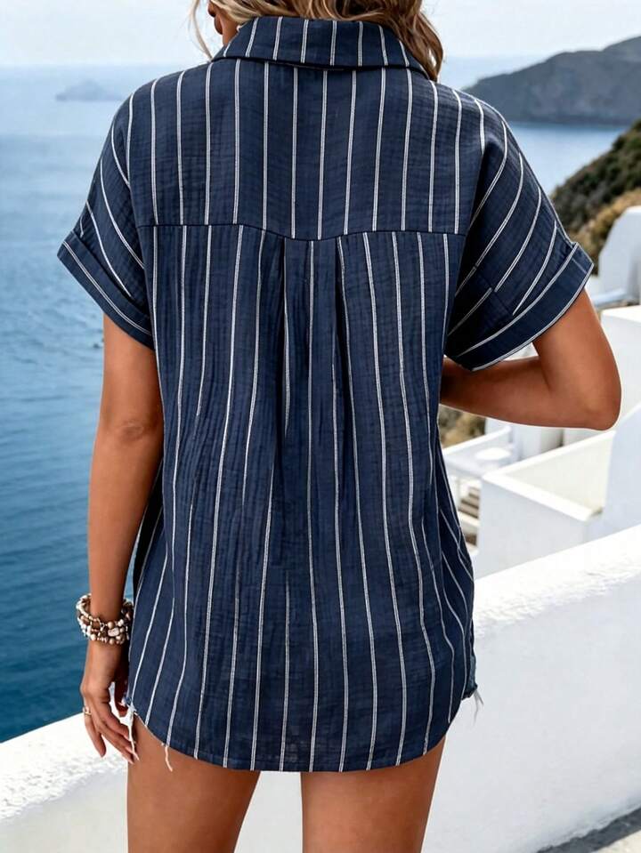 Navy Blue Striped Cotton Button-Up for Effortless Everyday Elegance ...